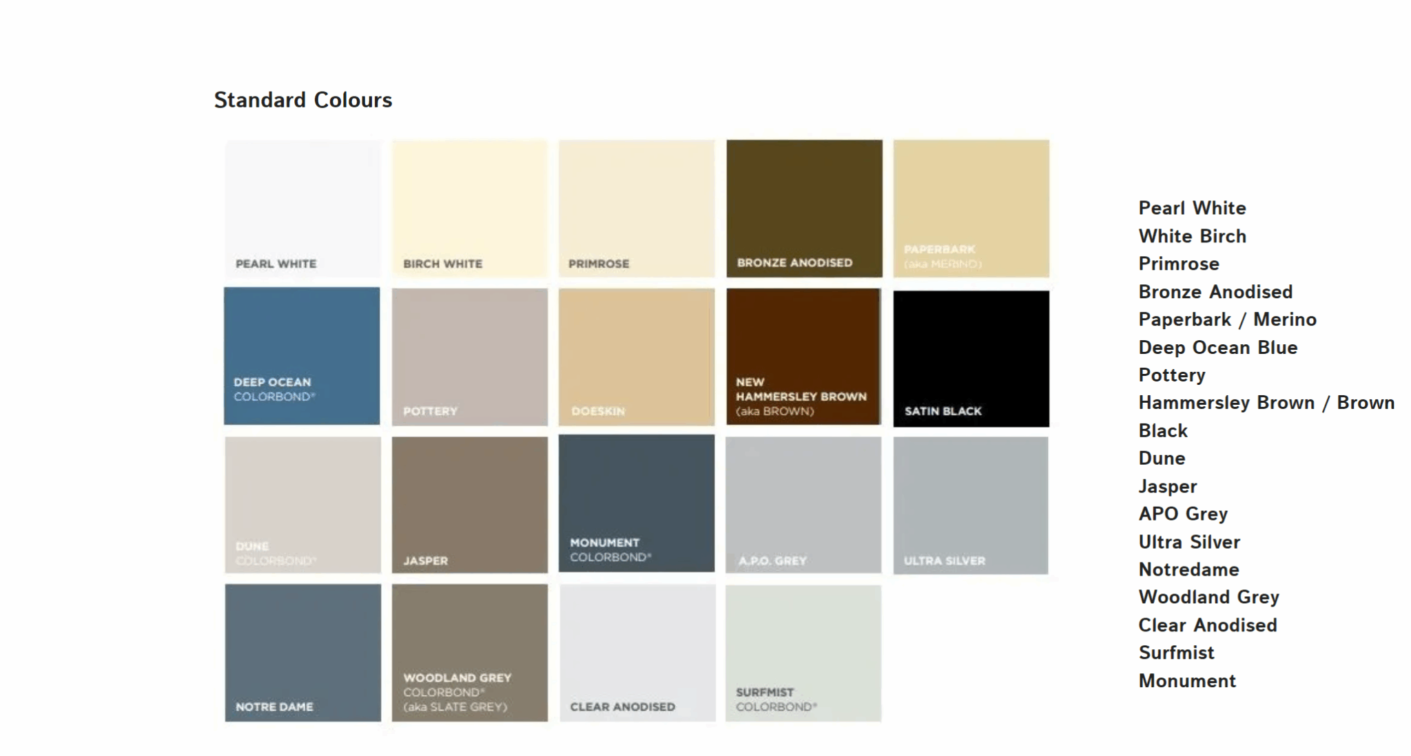 Doors Colour Chart — Clear Breeze Security Doors